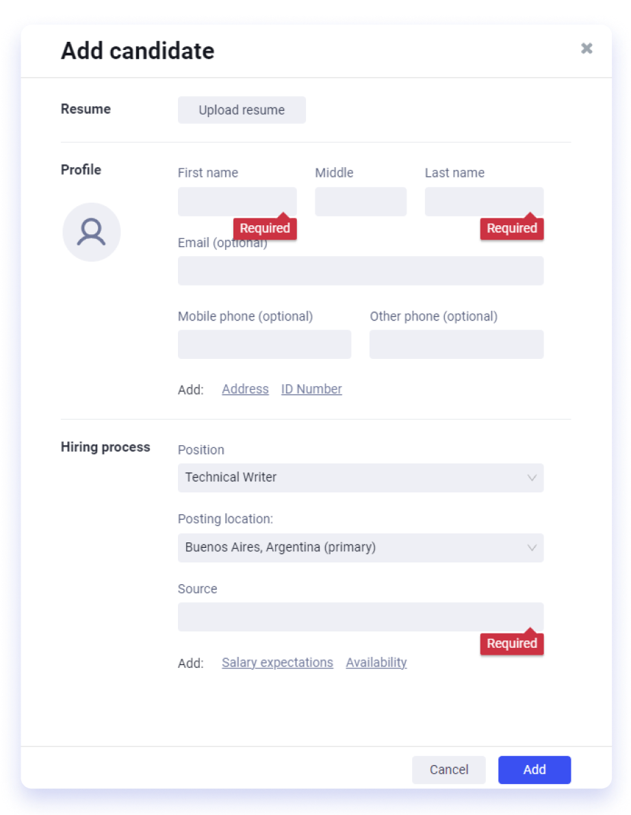 Add a candidate – Spark Hire Recruit Support