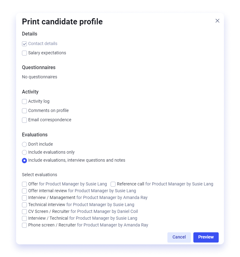 Print a candidate’s profile – Spark Hire Recruit Support