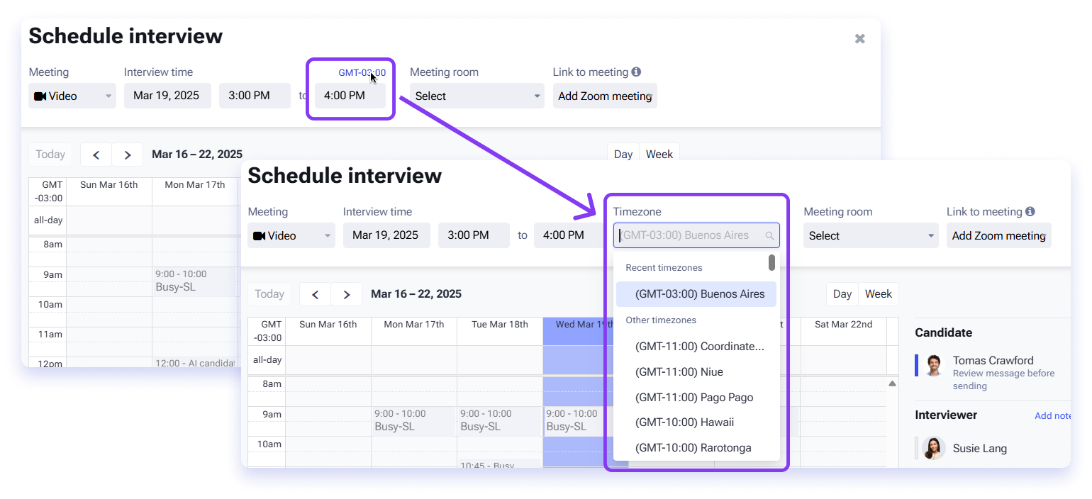 Schedule interviews across time zones – Spark Hire Recruit Support