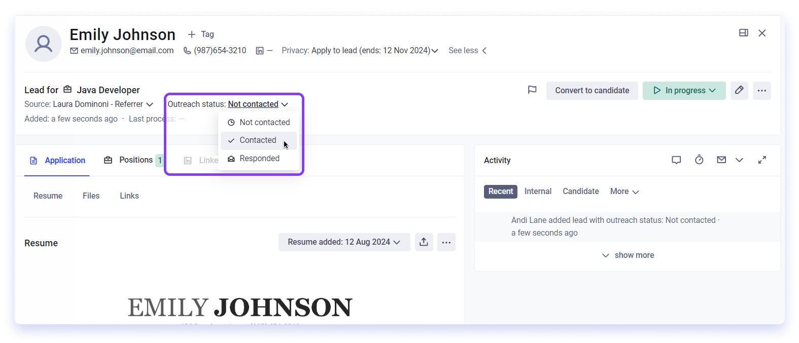 Change a lead’s outreach status – Spark Hire Recruit Support