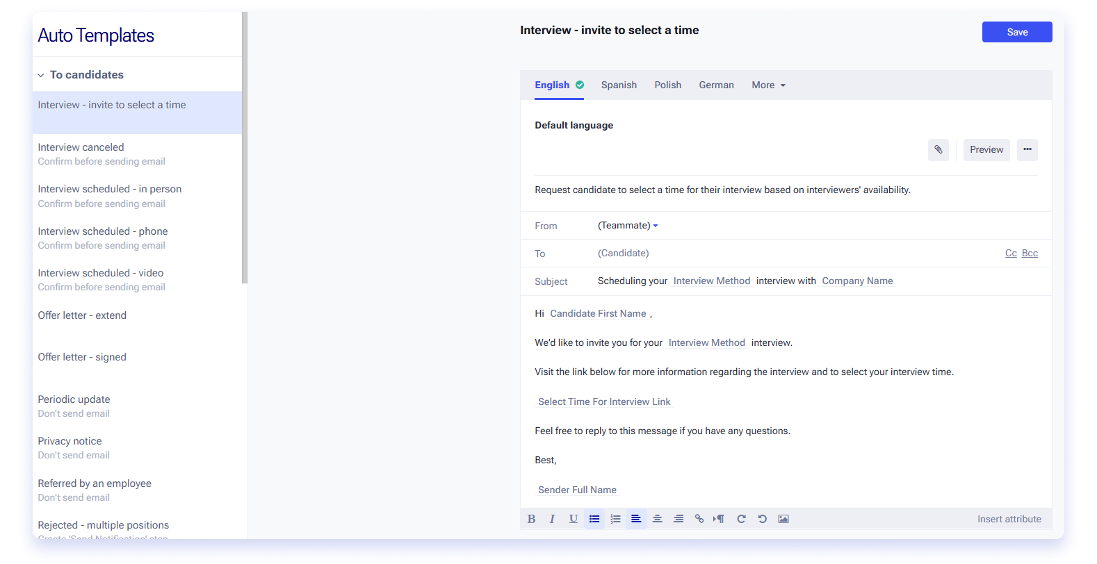 Edit email templates – Spark Hire Recruit Support